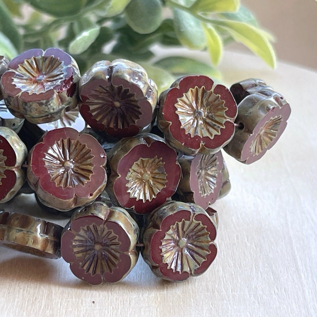 10 Maroon Flower Beads, 14mm Czech Glass, Hibiscus Flower Burgundy ...