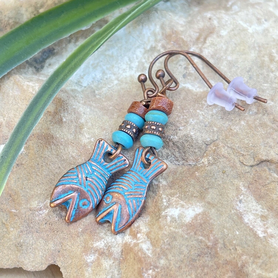 Copper Patina Fish Earrings: Turquoise Boho Dangle Drop - Etsy