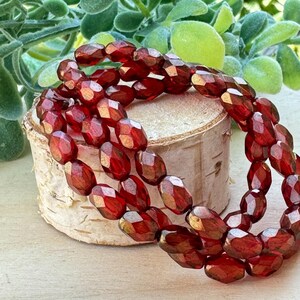 20 Red Oval Czech Glass Beads, Ruby Red Faceted Beads, Golden Luster ...