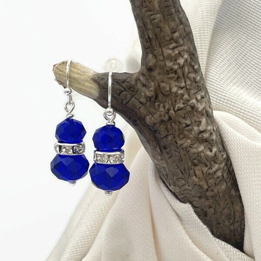 Royal Blue Rhinestone Earrings, Cobalt Blue Earrings, Small Petite ...