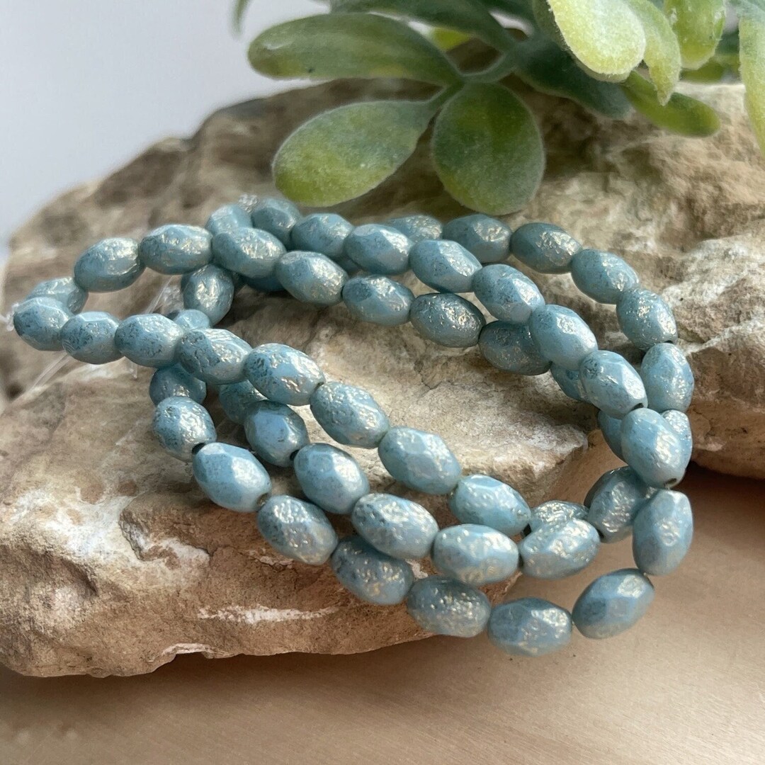 20 Sky Blue Oval Beads, Czech Glass, 7x5mm Faceted Oval, Gold Finish ...