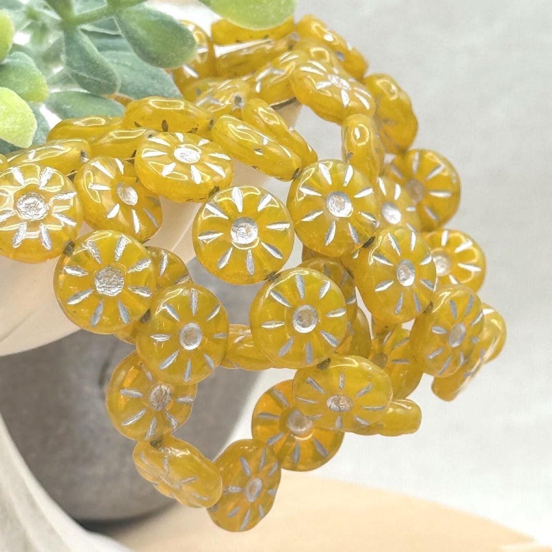 10 Opal Yellow Sun Beads, Czech Glass, 12mm Flat Round Coin Beads ...