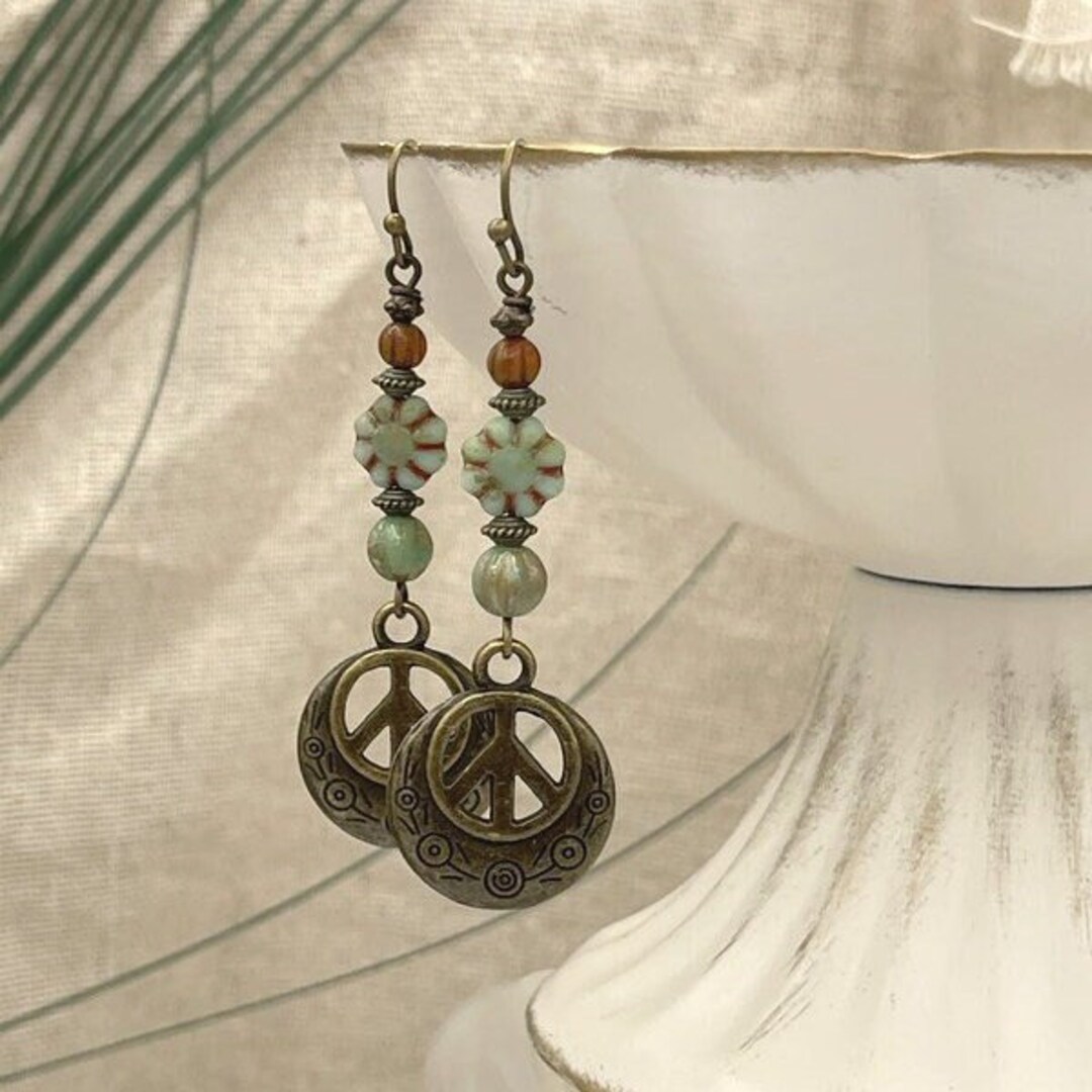 Peace Sign Earrings Long Hippie Earrings Orange and Green Beaded Peace ...