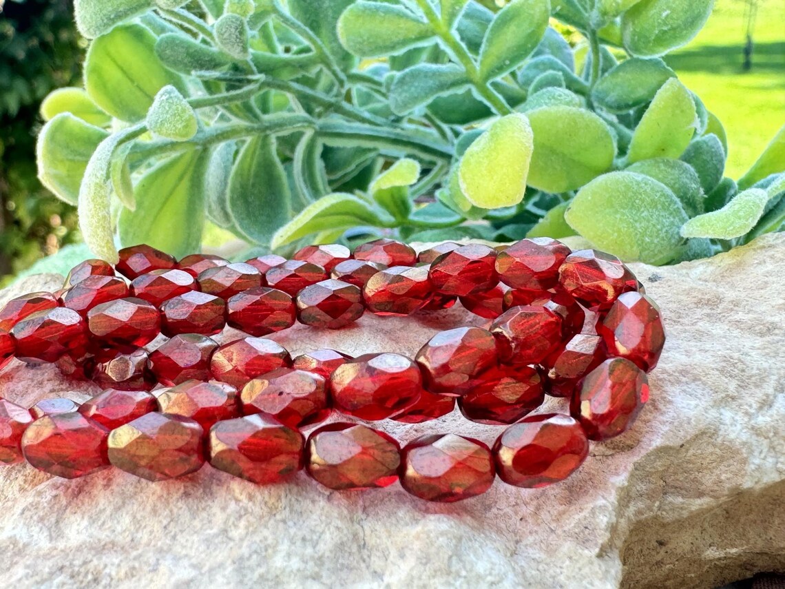 20 Red Oval Czech Glass Beads, Ruby Red Faceted Beads, Golden Luster ...
