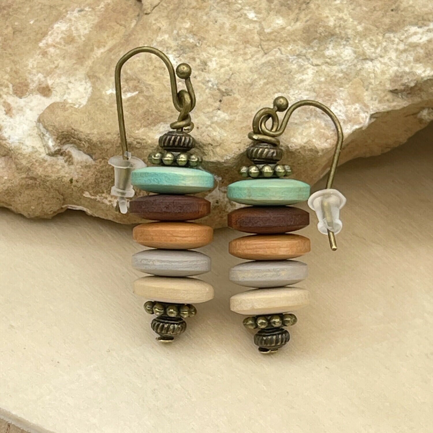 Multicolor Stacked Earrings Boho Wood Dangle Earrings Colorful Wooden ...