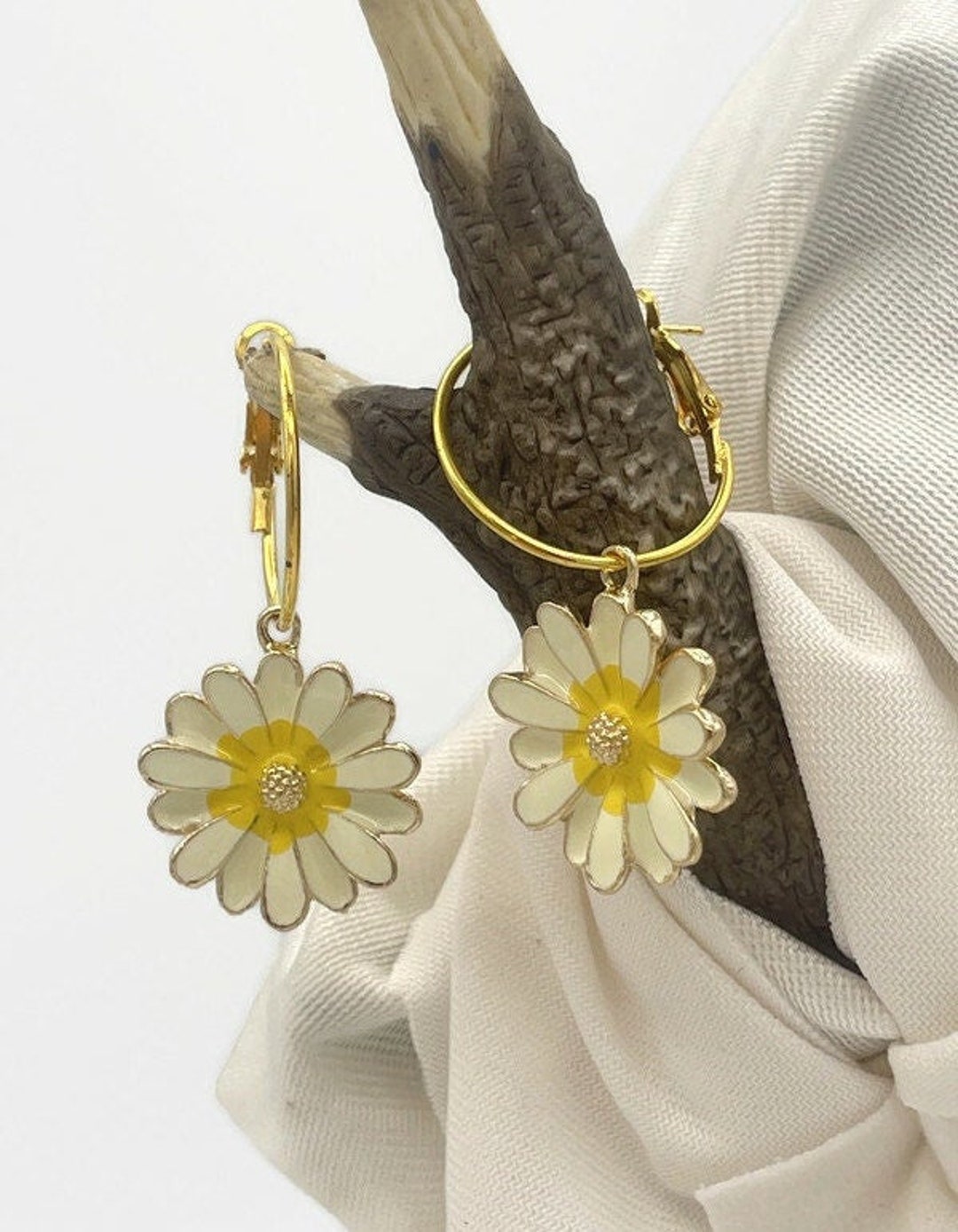 Daisy Hoop Earrings, Yellow Statement Floral Dangles, Two Tone Enamel Charm Earrings, Floral ...