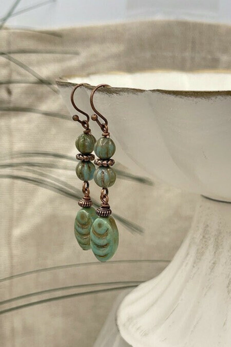 Green Boho Dangle Earrings Czech Glass Beaded Copper Earrings Handmade ...