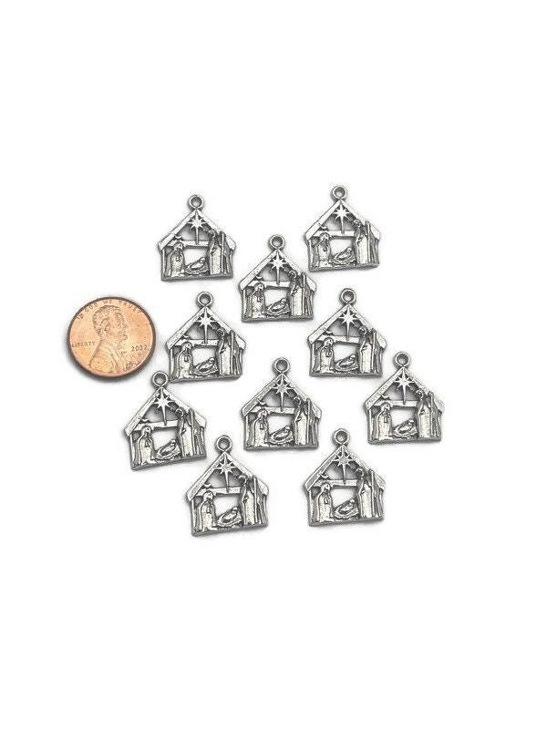 10 Nativity Charms, Bulk, Manger Scene, Pendants, Antique Silver ...