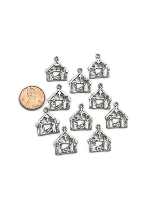 10 Nativity Charms, Bulk, Manger Scene, Pendants, Antique Silver ...