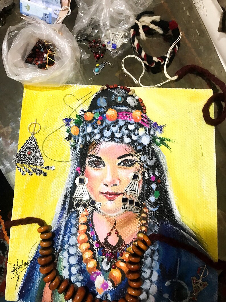 Amazigh Woman Oil Painting, Bone Carved Wooden Frame, Moroccan Berber ...
