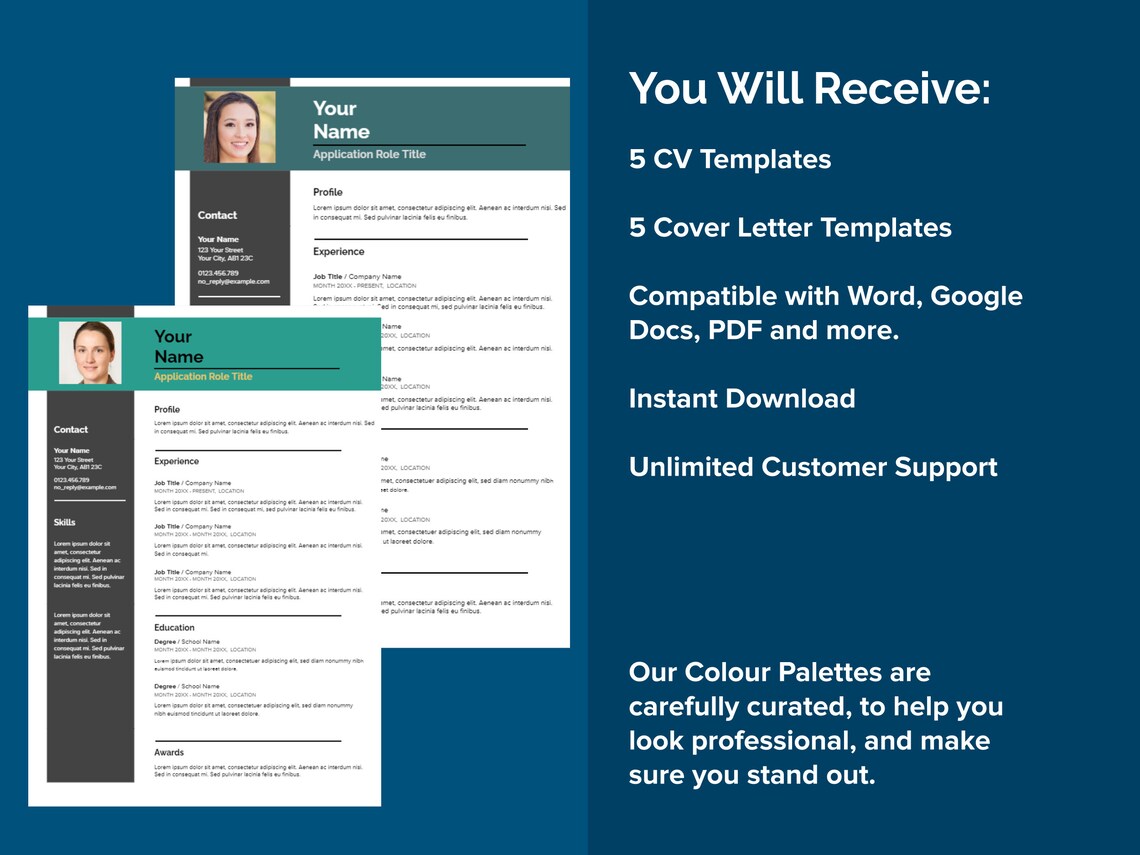 CV & Cover Letter Template Bundle for Google Docs, Word Etc. 5 Colours ...