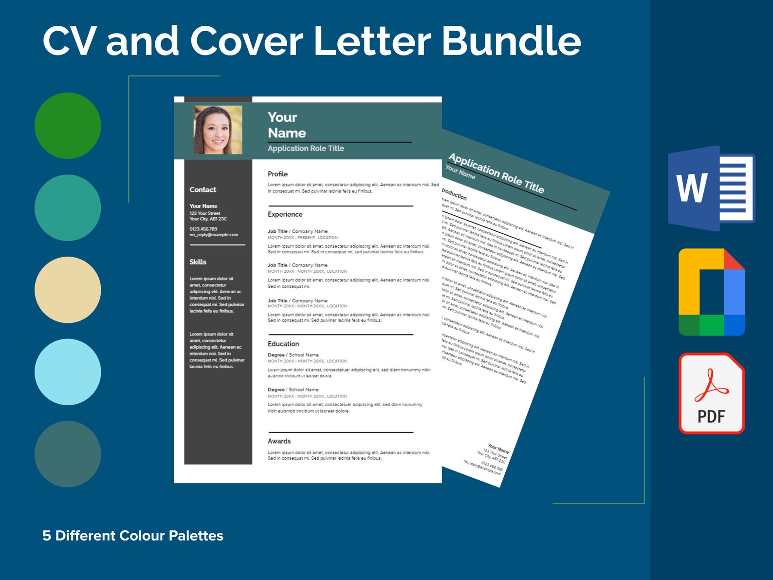 CV & Cover Letter Template Bundle for Google Docs, Word Etc. 5 Colours ...