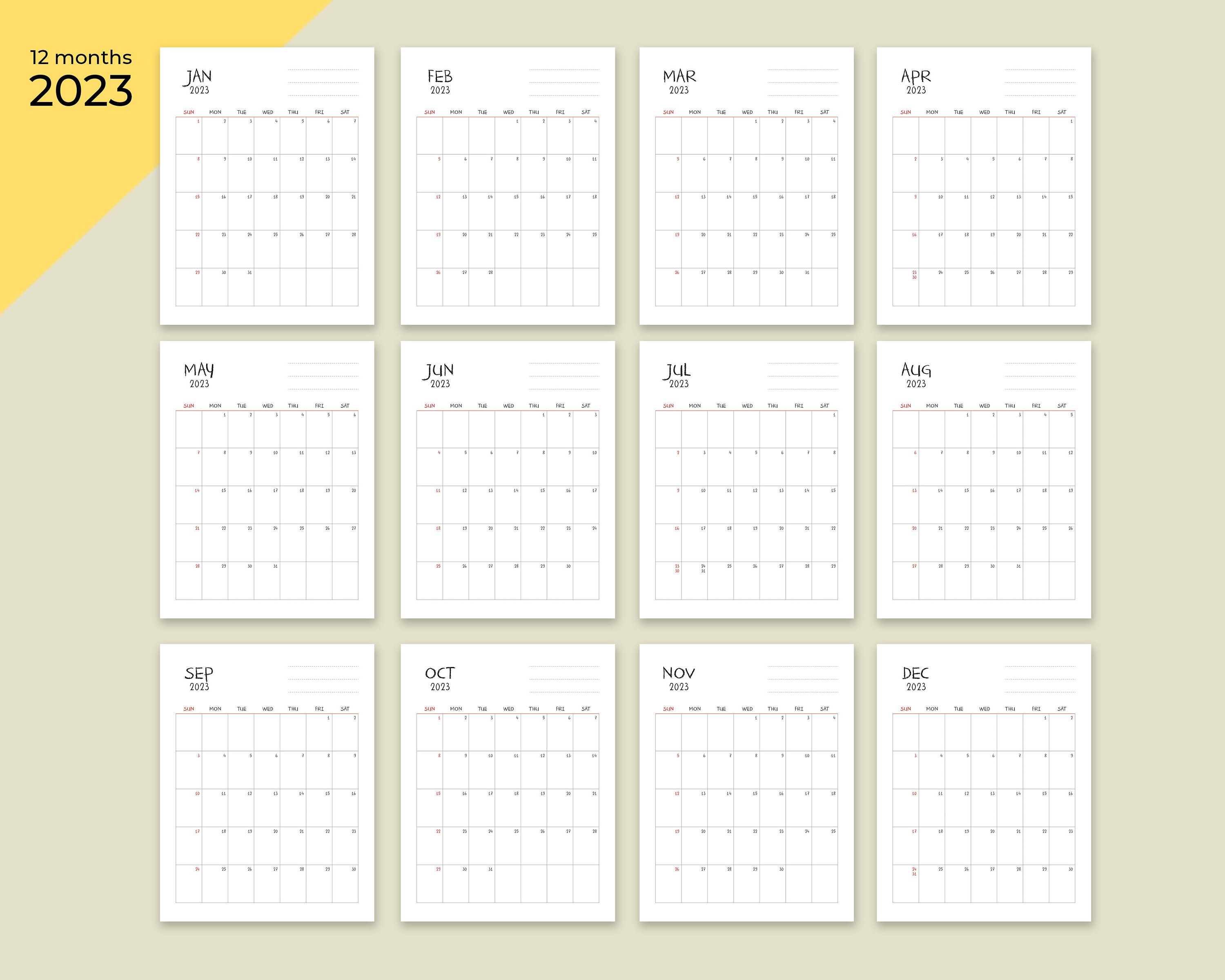 2023 Printable Calendar, Yearly Calendar, Wall Calendar, Monthly ...