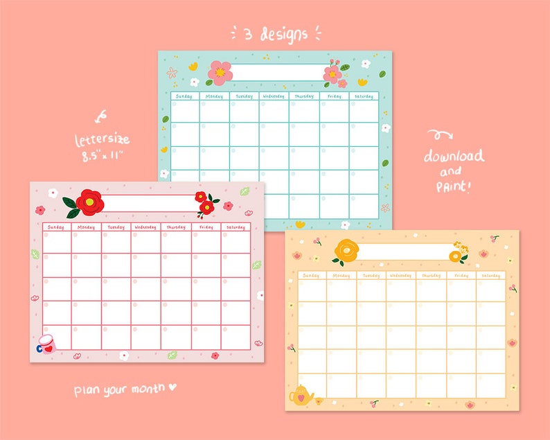 Printable Open Calendar | Instant Download | Flower Printable Calendar ...