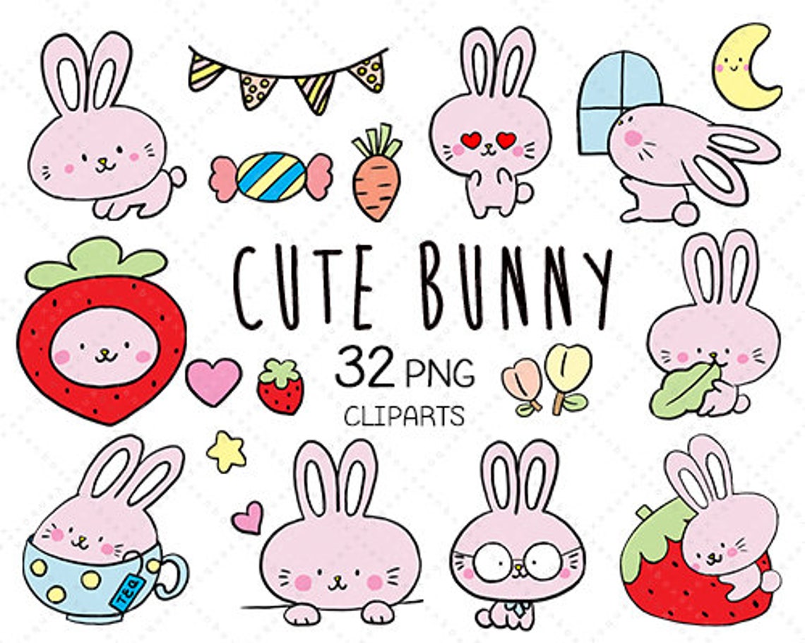 Kawaii Bunny Clipart, Cute Bunny, Bunny Clipart, Instant Download ...