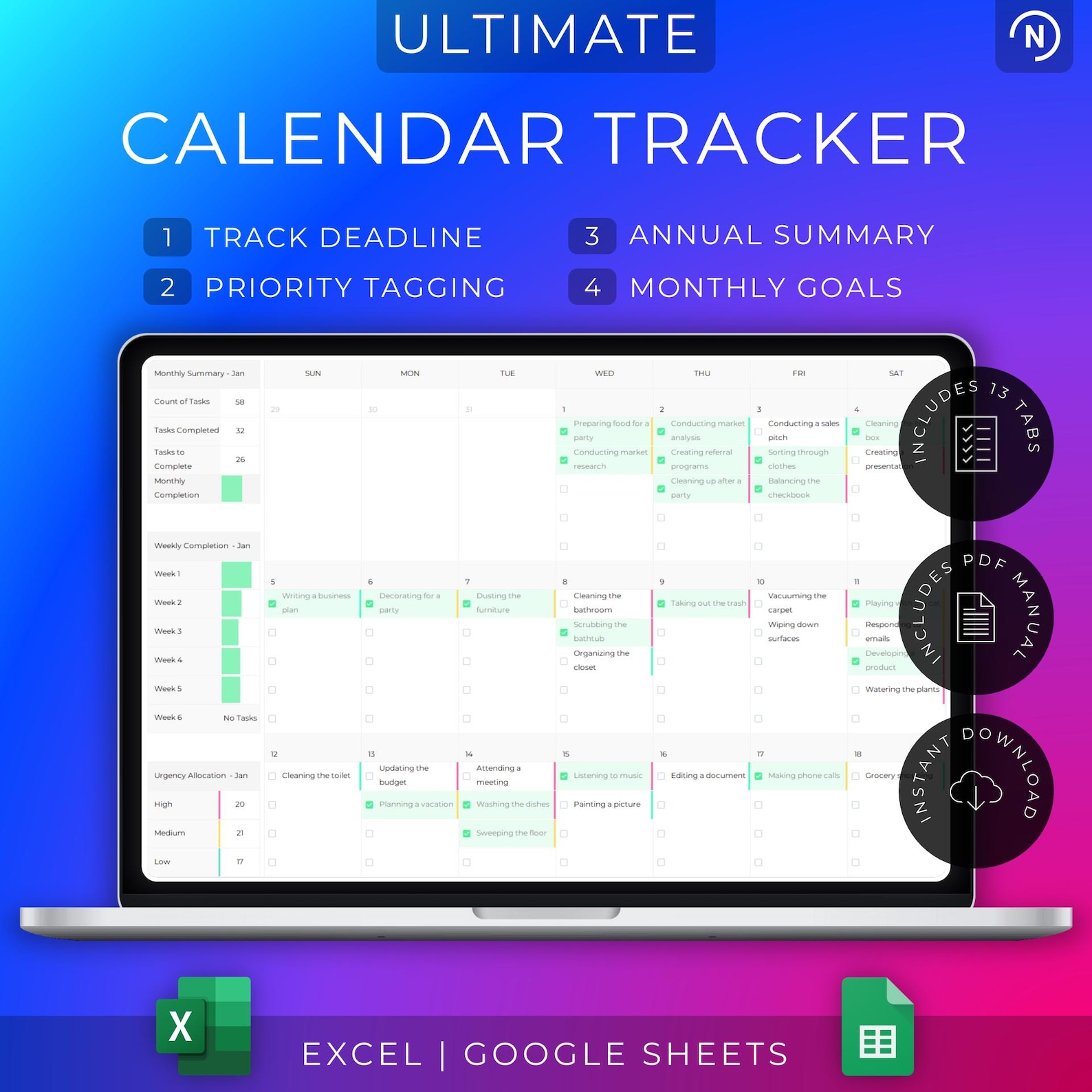 Monthly Calendar Spreadsheet | Multi-year Event Planner | Daily Task ...