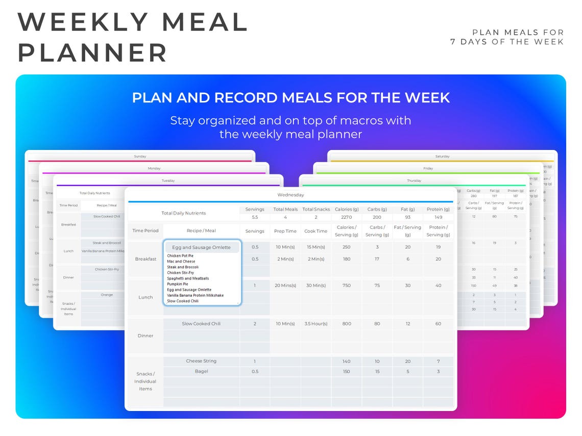 Weekly Meal Planner Recipe Book Grocery List Excel & Google Sheets ...