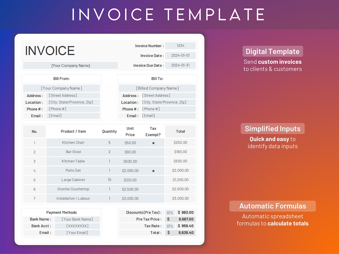 PDF Invoice Template | Business Form | Printable Bill | Editable ...