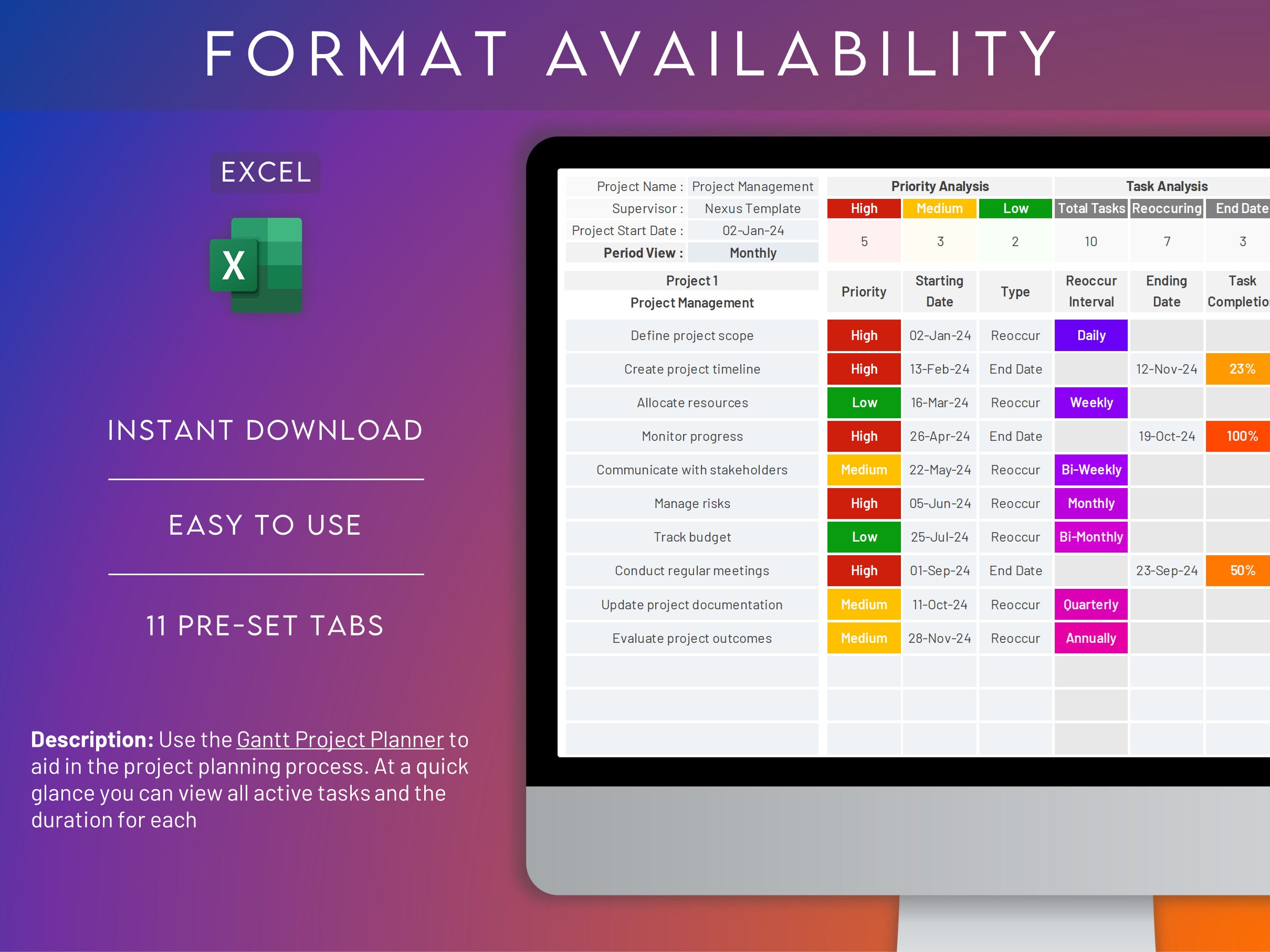 Excel Project Planner GANTT Chart Excel Template Multi Project Tracker ...