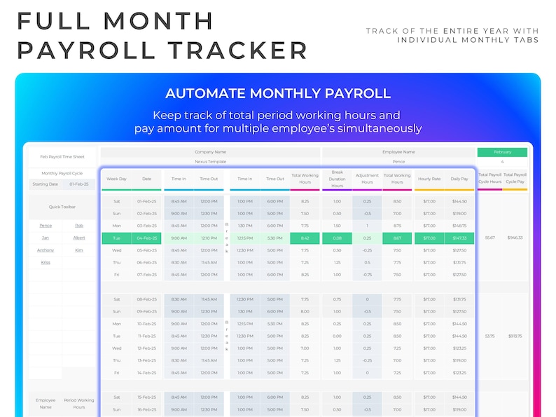Multi-employee Payroll Timesheet | Time Tracker | Monthly Pay ...