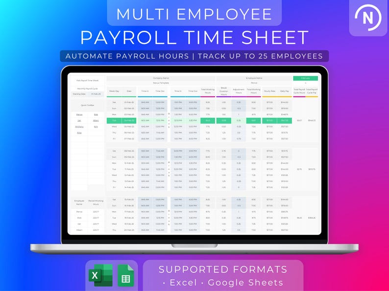Multi-employee Payroll Timesheet | Time Tracker | Monthly Pay ...