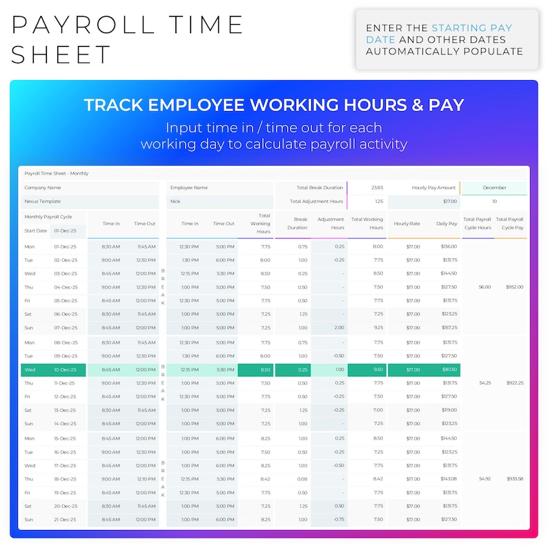 Payroll Timesheet | Employee Time Tracker | Hourly Pay Calculator ...