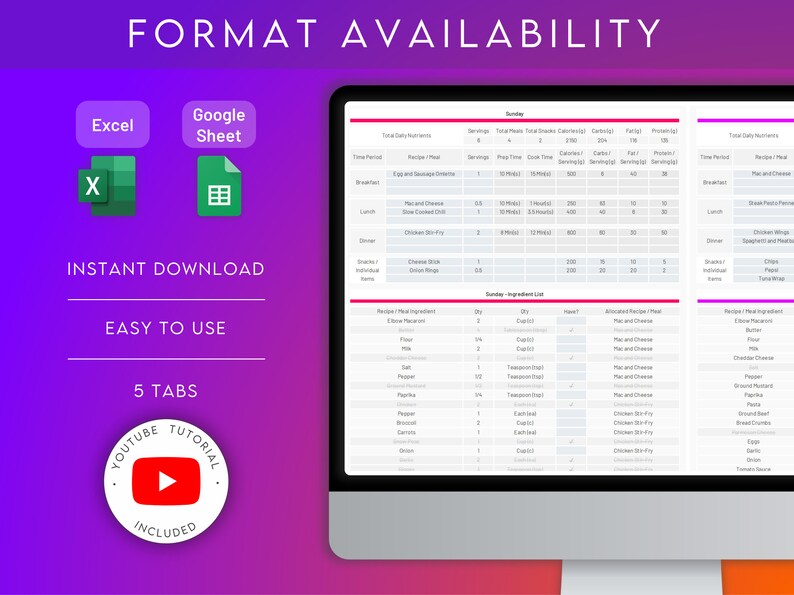 Weekly Meal Planner Recipe Book Grocery Shopping List Excel & Google ...