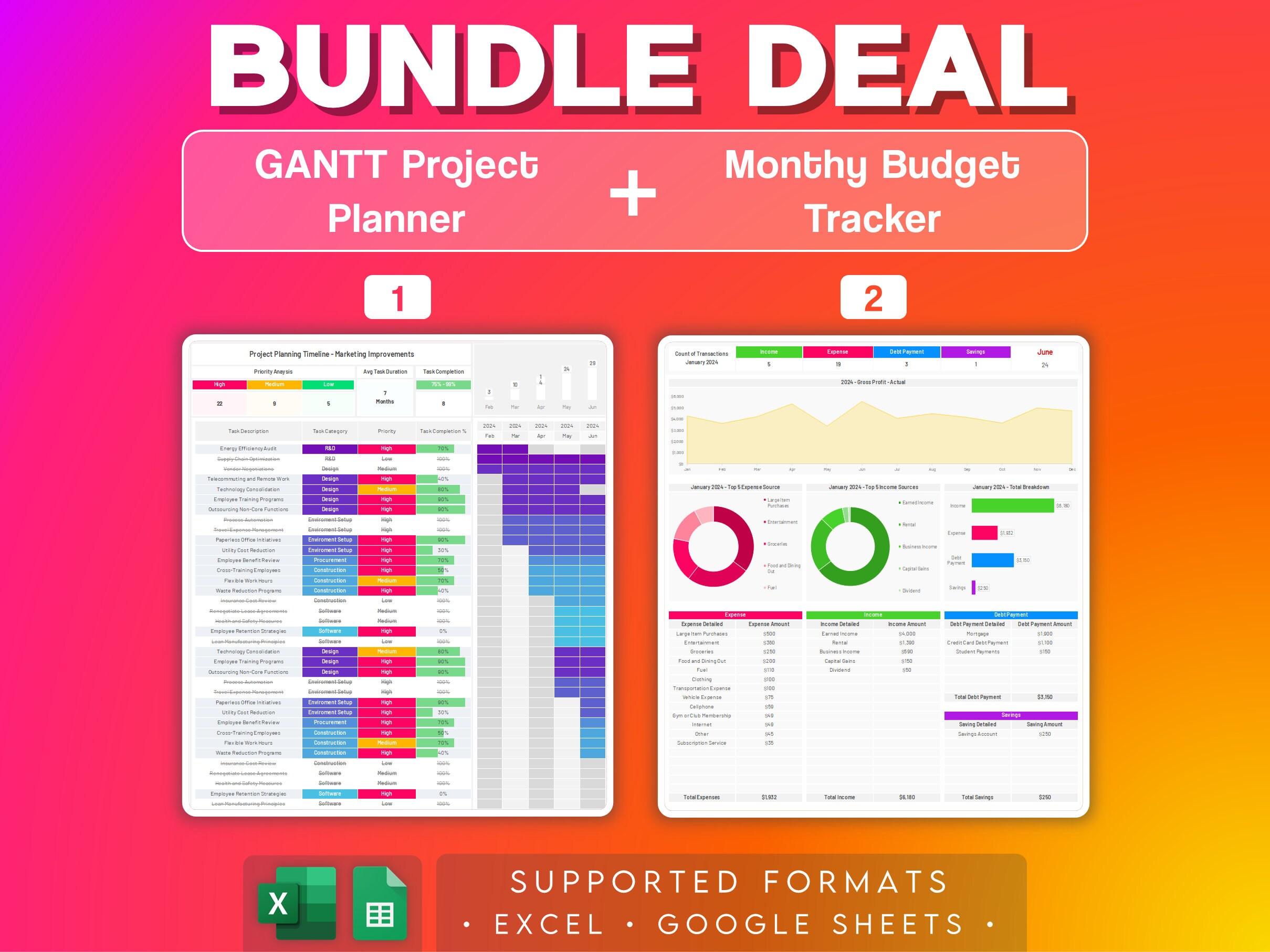 Bundle Deal Multi Project Tracker Monthly Budget Tracker GANTT Planning ...