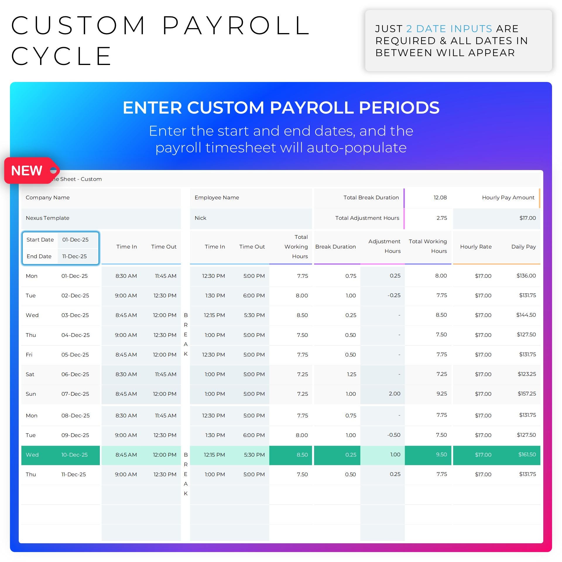 Payroll Timesheet | Employee Time Tracker | Hourly Pay Calculator ...