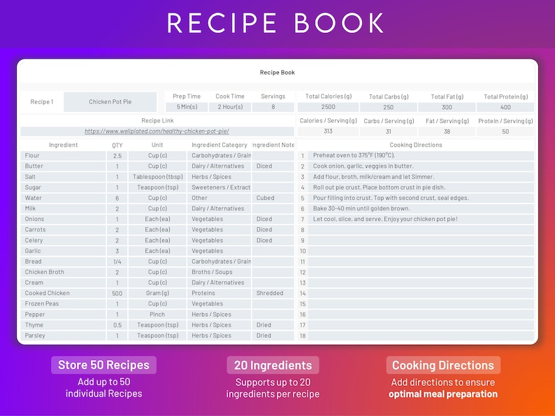 Weekly Meal Planner Recipe Book Grocery Shopping List Excel & Google ...