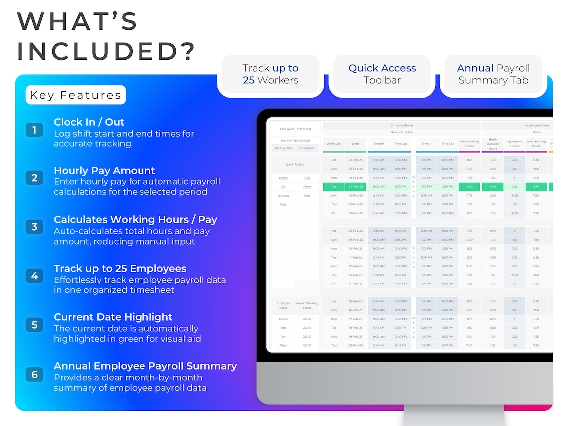 Multi-employee Payroll Timesheet | Time Tracker | Monthly Pay ...