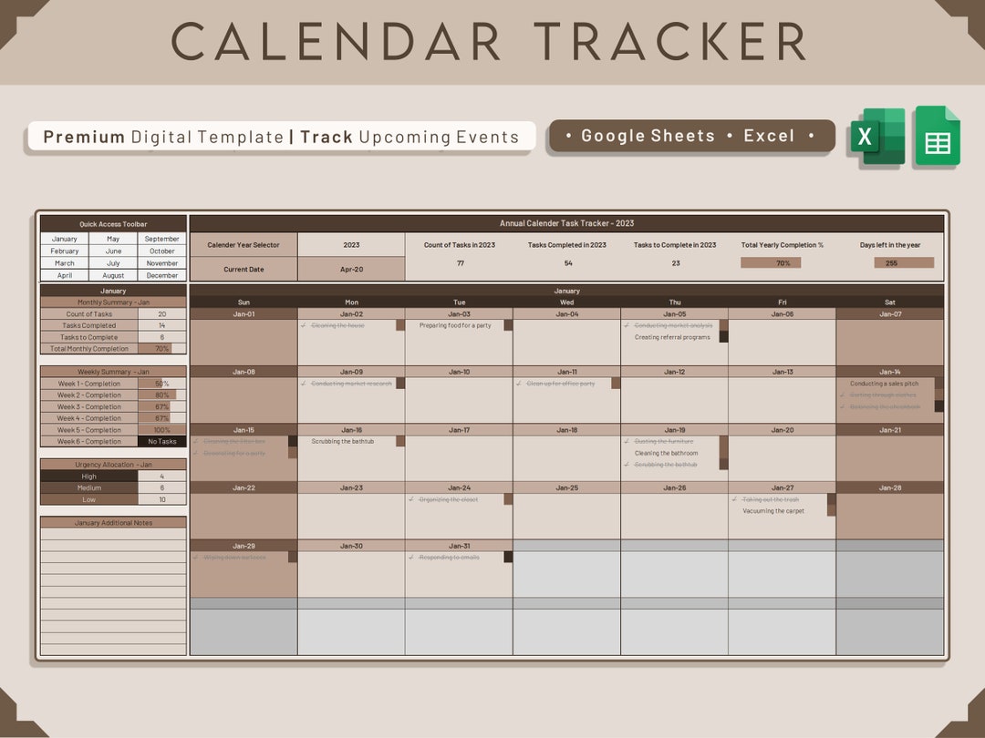 Digital Calendar Tracker Google Sheets and Excel Monthly and Yearly ...