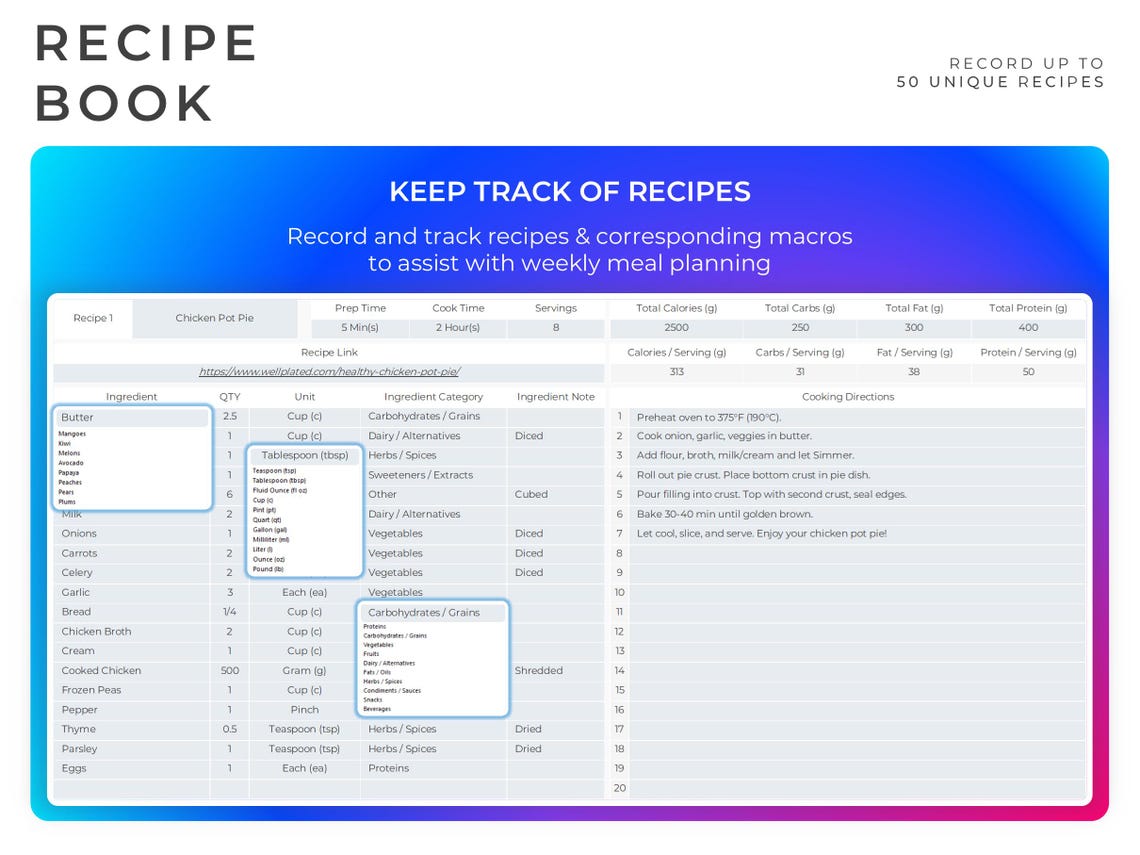 Weekly Meal Planner Recipe Book Grocery List Excel & Google Sheets ...