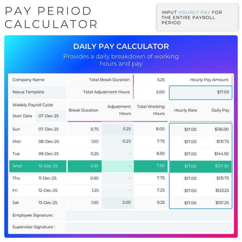 Payroll Timesheet | Employee Time Tracker | Hourly Pay Calculator ...