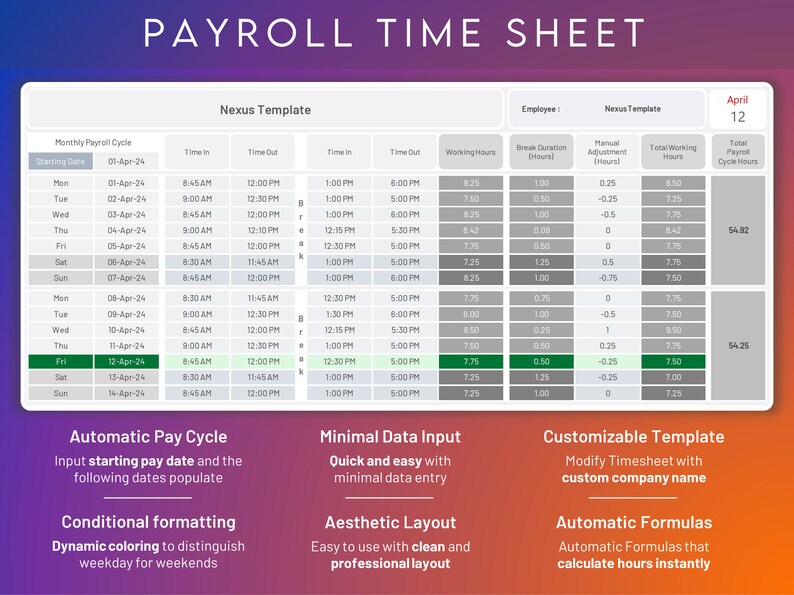 Payroll Timesheet Excel & Google Sheets Employee Time Tracker 2024 ...