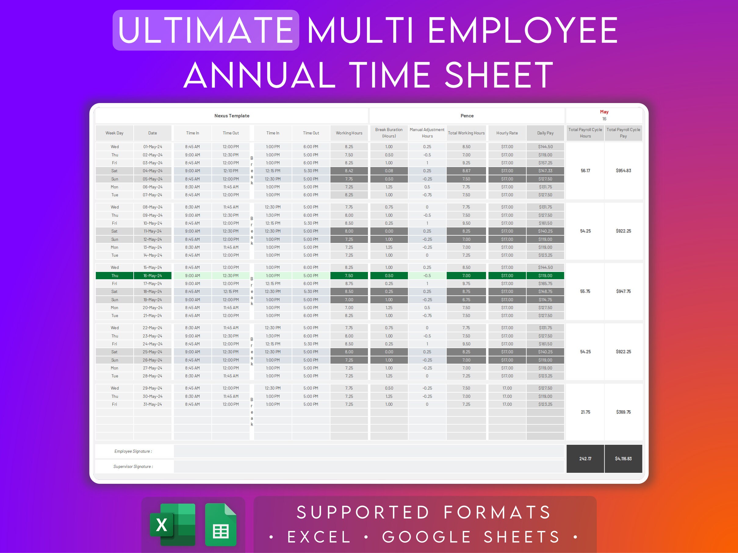 Multiple Employee Payroll Timesheet Excel & Google Sheets 2024 Full ...