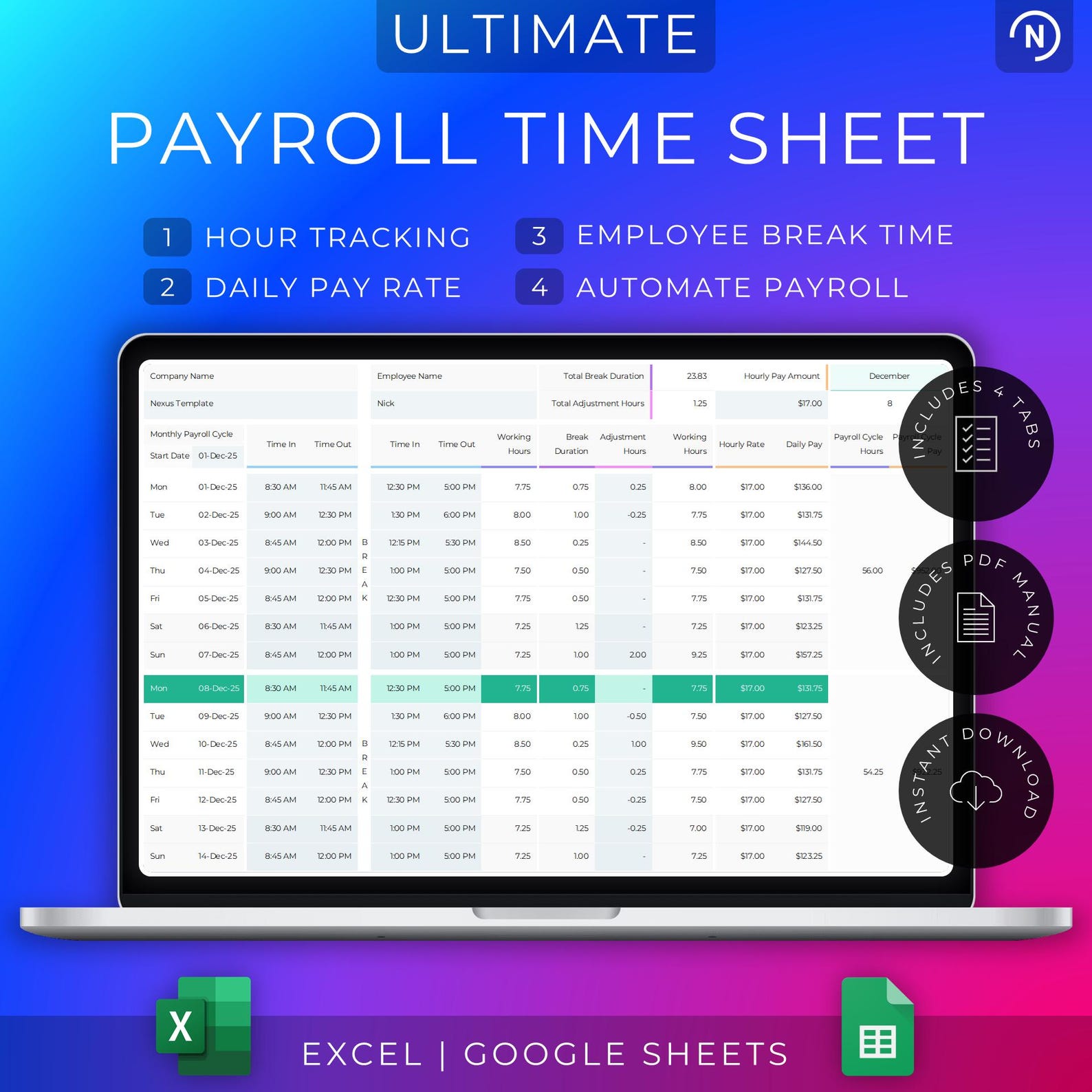 Payroll Timesheet | Employee Time Tracker | Hourly Pay Calculator ...