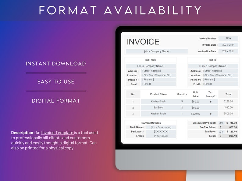 PDF Invoice Template | Business Form | Printable Bill | Editable ...