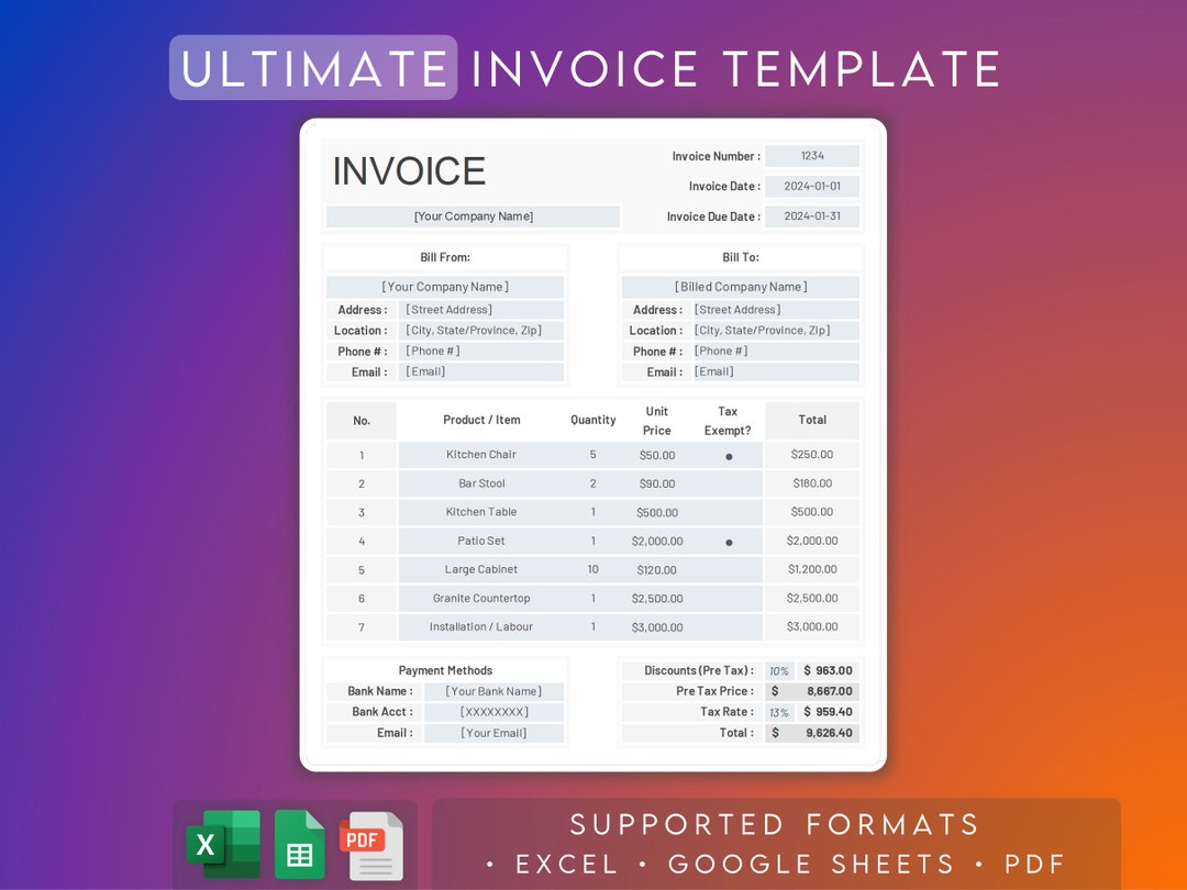 Pdf Invoice Template Business Form Printable Bill Editable