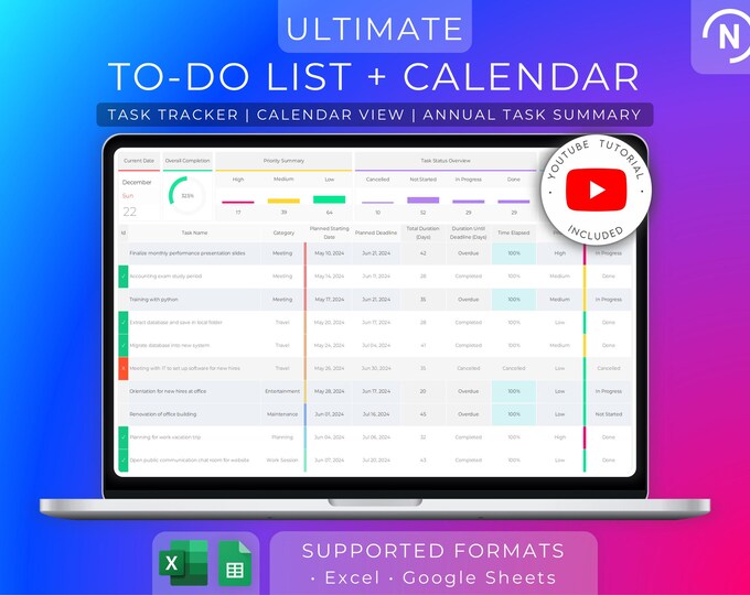 Excel Calendar Based Task List, Task Management Automated, Download Template, Task Tracker and ...