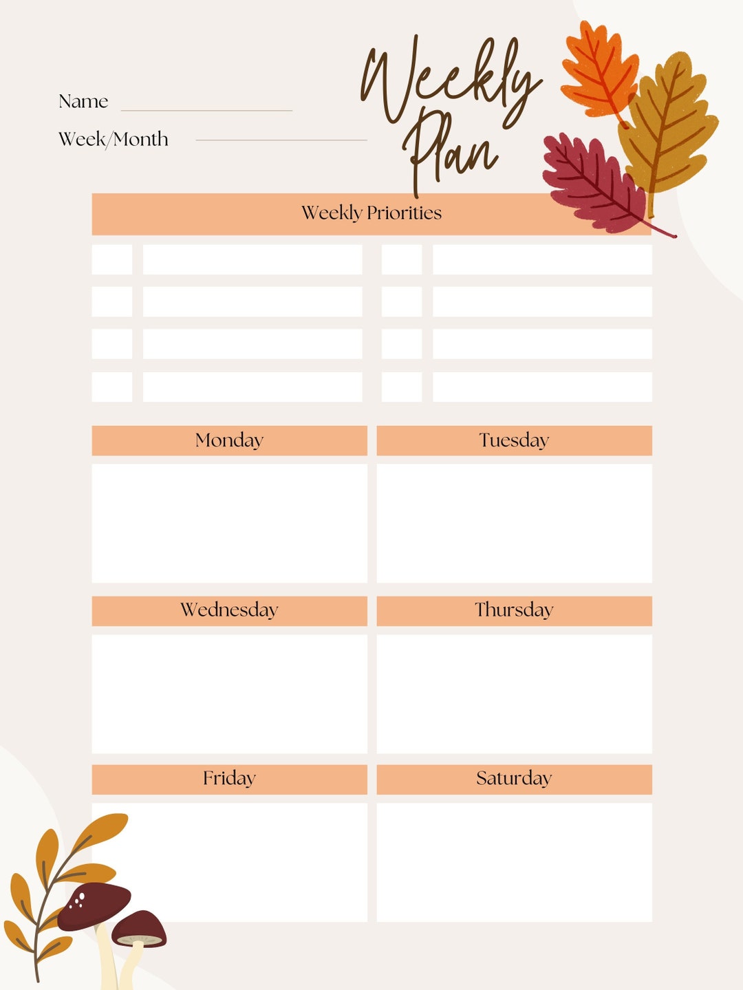 Fall Themed Weekly Planner, Weekly Planner, Fall Themed Planner, Fall ...