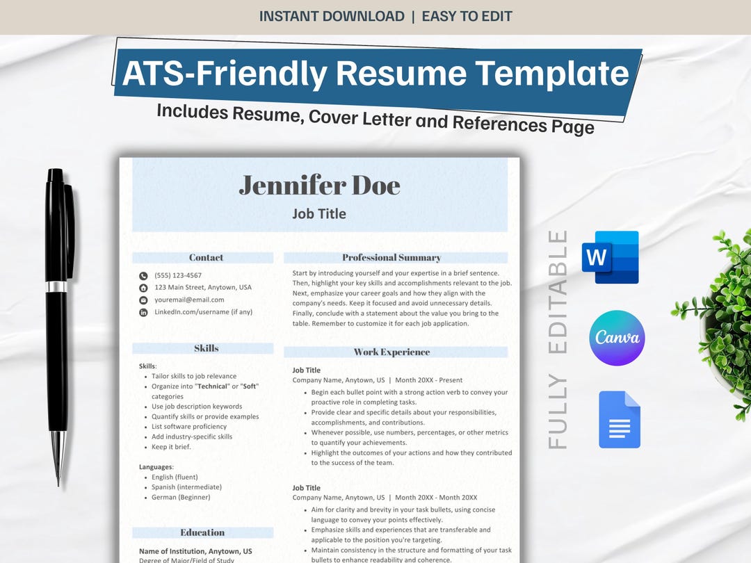 ATS Friendly Resume Template | Google Docs, Word, and Canva | Modern ...