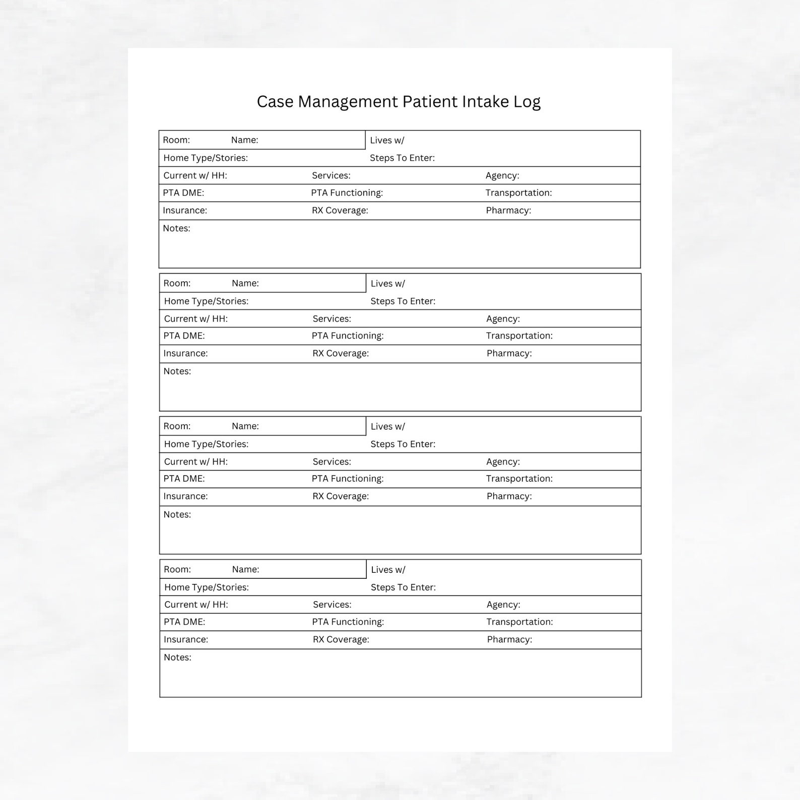 Nurse Case Management Intake Log, Initial Assessment Log, Hospital Case ...