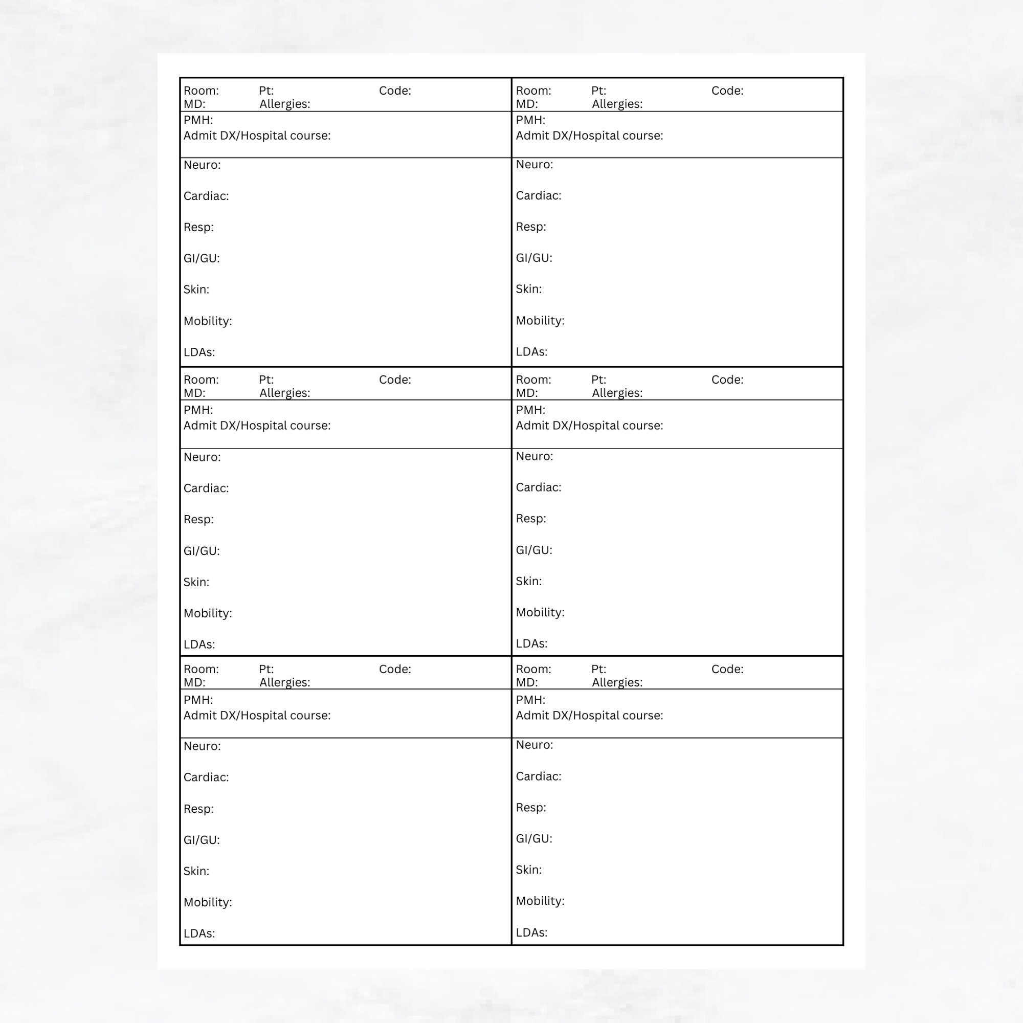 Nurse Report Sheet for 6 to 12 Patients Pcu Med Surg New - Etsy