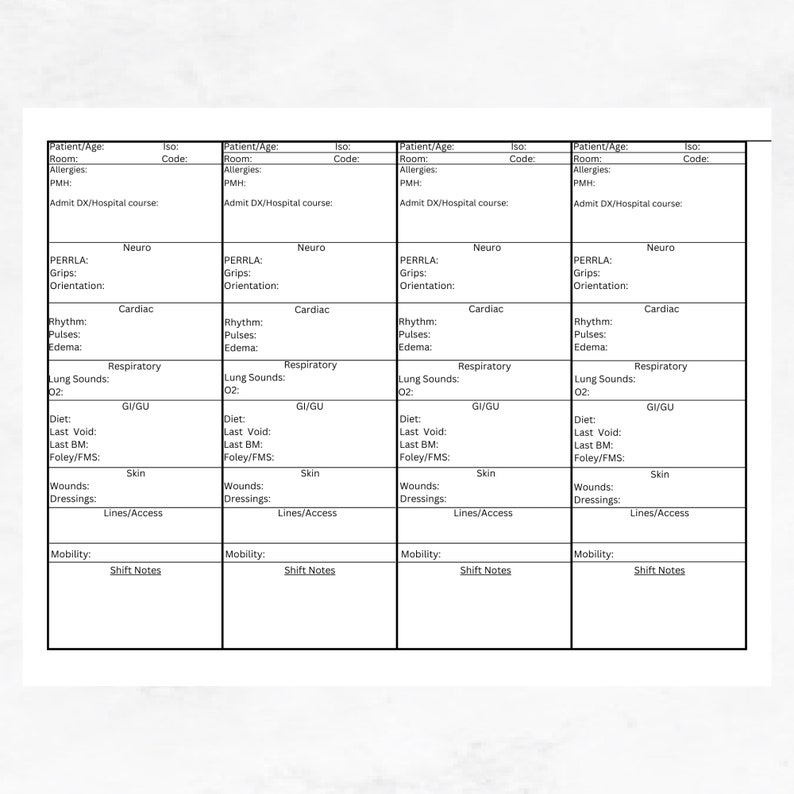 Nurse Report Sheet for 4 to 8 Patients Icu Pcu Med Surg - Etsy