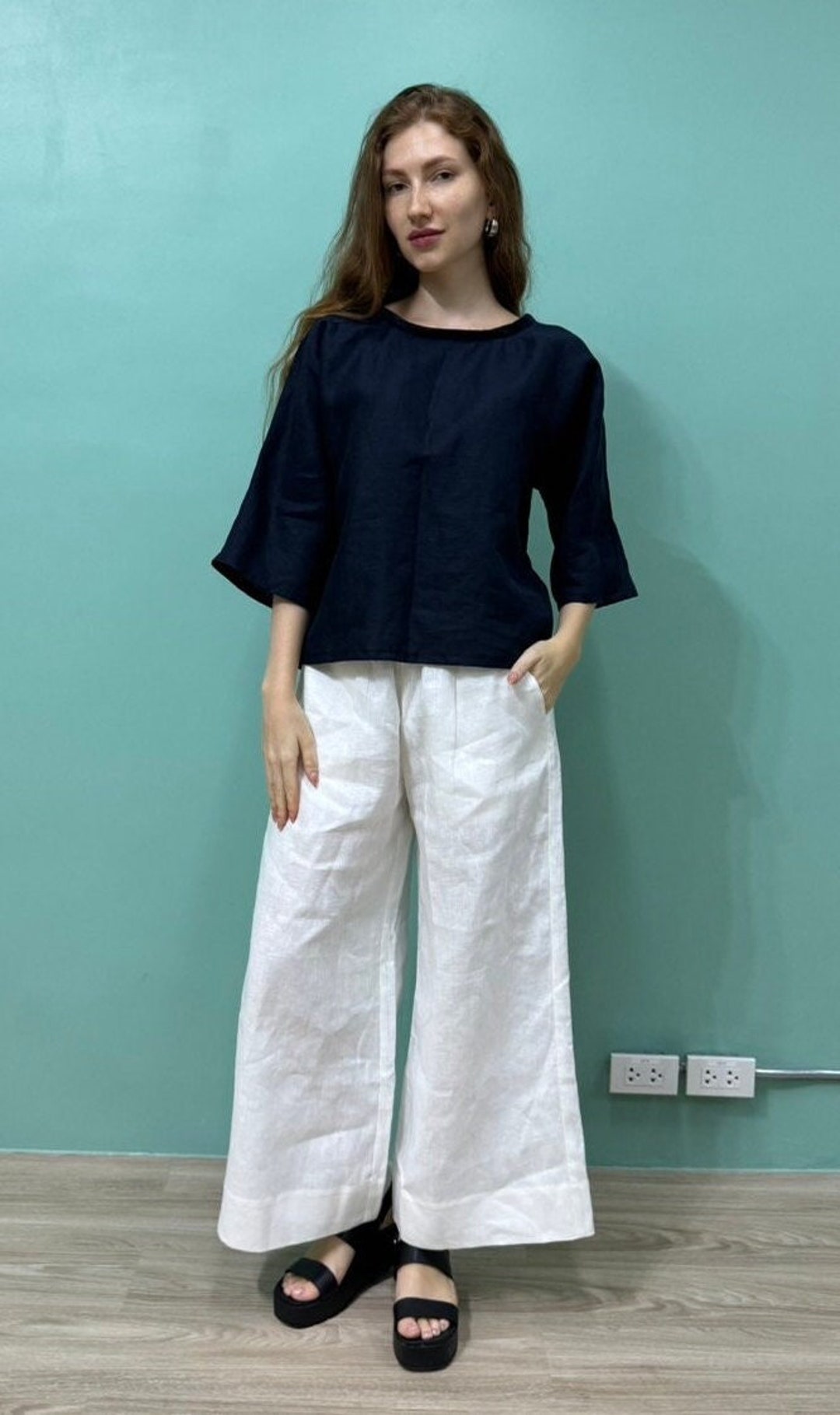 Lucy Midnight Blue Top, Wear at Home Linen, Oversized Linen Blouse ...