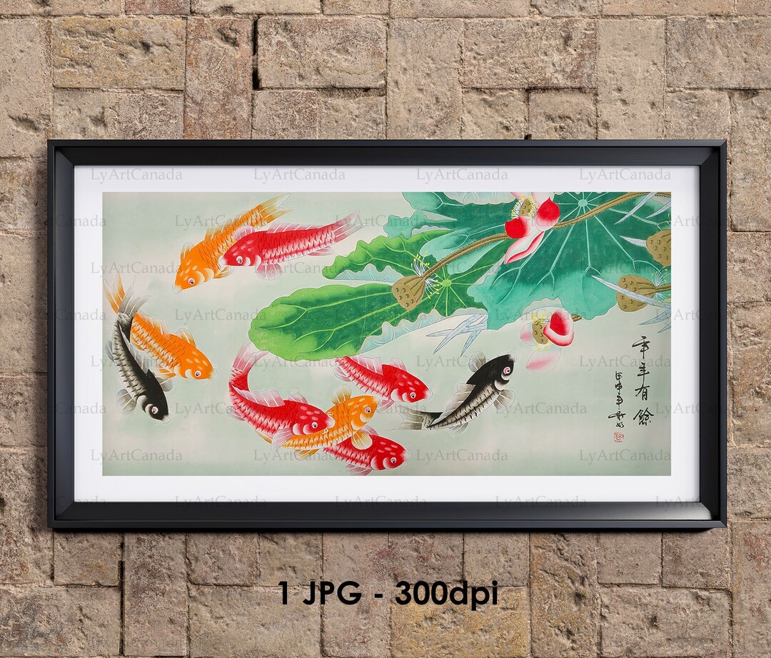 Koi Fish in Lotus Pond Nine Fish Chinese Ink Digital Download, Koi Fish ...