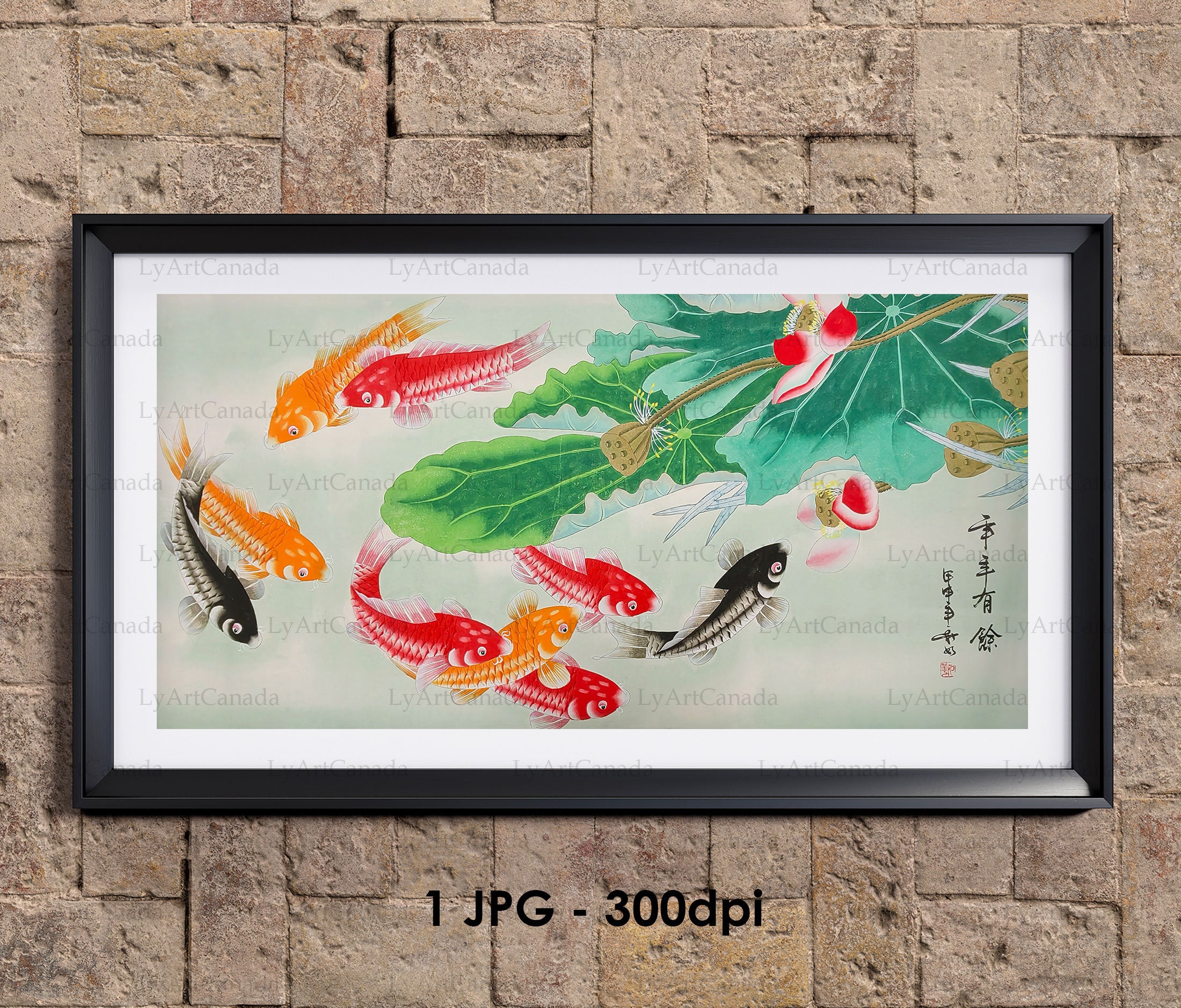 Koi Fish in Lotus Pond Nine Fish Chinese Ink Digital Download, Koi Fish ...