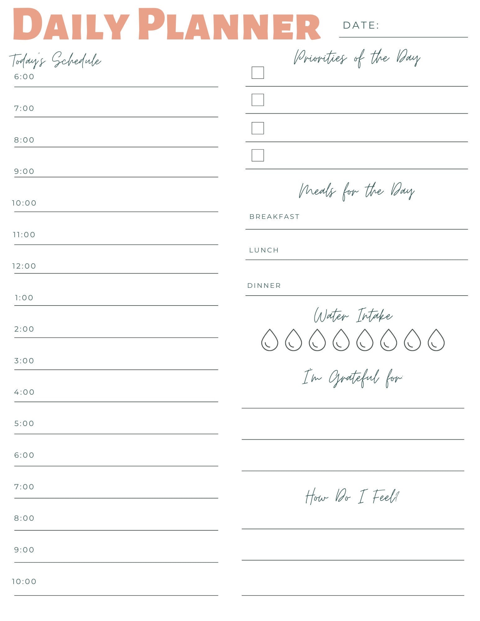 Daily Hourly Planner, Daily Planner, Time Tracker, Daily Meal Planner ...