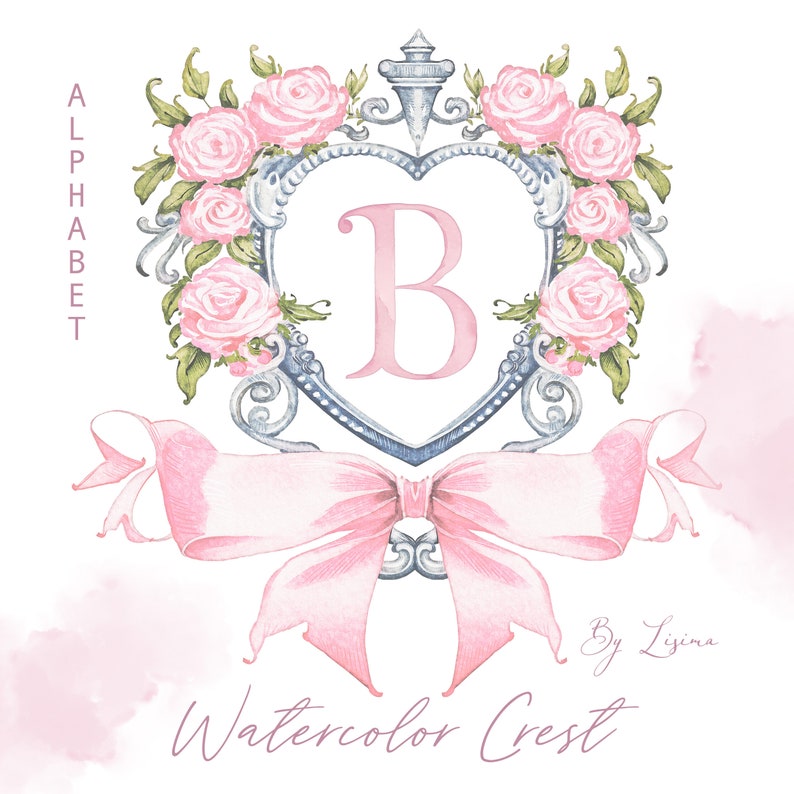 Watercolor Crest Baby Shower Wedding Pink Crown and Little Flowers Bow ...